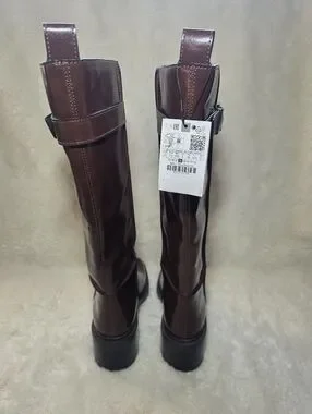 Zara | Shoes | Zara Contrast Topstitch Kneehigh Boots Burgundy Red ...